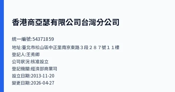 香港商亞瑟有限公司台灣分公司的照片-統編 54371859(臺北市) 公司登記資料與營業項目詳細圖表
