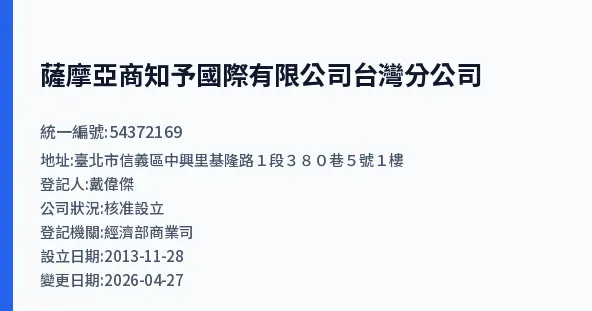 薩摩亞商知予國際有限公司台灣分公司的照片-統編 54372169(臺北市) 公司登記資料與營業項目詳細圖表