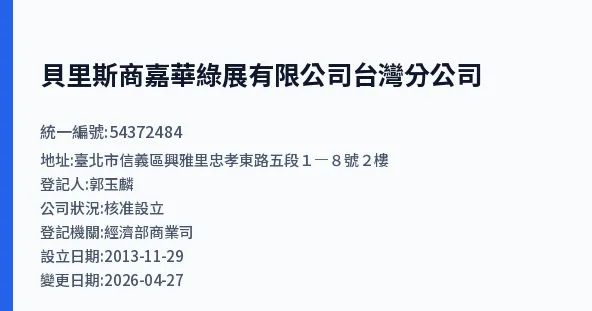 貝里斯商嘉華綠展有限公司台灣分公司的照片-統編 54372484(臺北市) 公司登記資料與營業項目詳細圖表