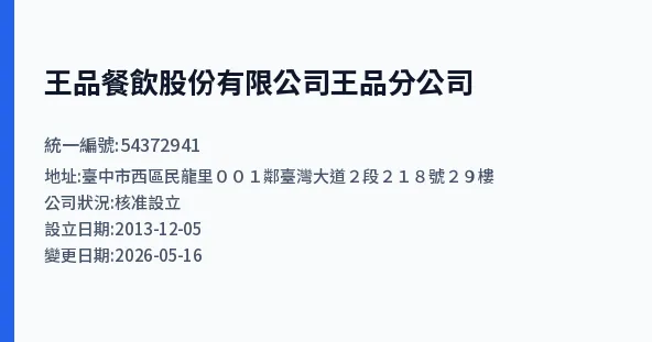 王品餐飲股份有限公司王品分公司的照片-統編 54372941(臺中市) 公司登記資料與營業項目詳細圖表