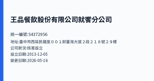 王品餐飲股份有限公司就饗分公司的照片-統編 54372956(臺中市) 公司登記資料與營業項目詳細圖表