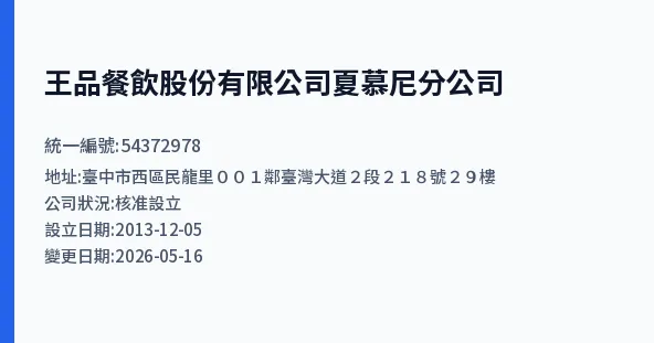 王品餐飲股份有限公司夏慕尼分公司的照片-統編 54372978(臺中市) 公司登記資料與營業項目詳細圖表