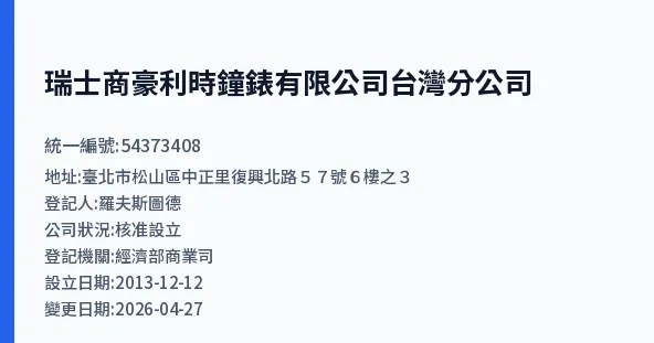 瑞士商豪利時鐘錶有限公司台灣分公司的照片-統編 54373408(臺北市) 公司登記資料與營業項目詳細圖表