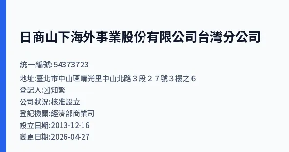 日商山下海外事業股份有限公司台灣分公司的照片-統編 54373723(臺北市) 公司登記資料與營業項目詳細圖表