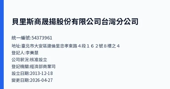 貝里斯商晟揚股份有限公司台灣分公司的照片-統編 54373961(臺北市) 公司登記資料與營業項目詳細圖表
