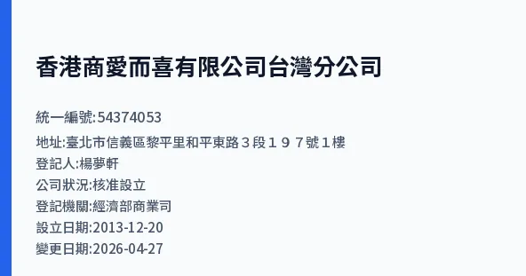 香港商愛而喜有限公司台灣分公司的照片-統編 54374053(臺北市) 公司登記資料與營業項目詳細圖表
