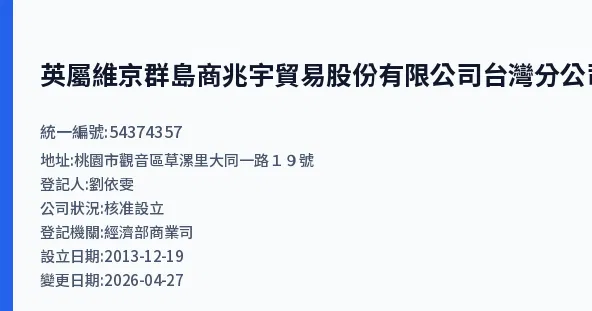 英屬維京群島商兆宇貿易股份有限公司台灣分公司的照片-統編 54374357(桃園市) 公司登記資料與營業項目詳細圖表