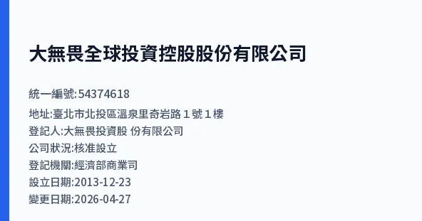 大無畏全球投資控股股份有限公司的照片-統編 54374618(臺北市) 公司登記資料與營業項目詳細圖表
