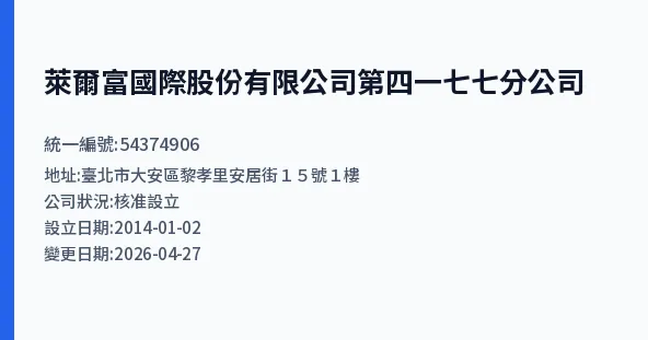 萊爾富國際股份有限公司第四一七七分公司的照片-統編 54374906(臺北市) 公司登記資料與營業項目詳細圖表