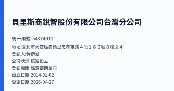 貝里斯商銳智股份有限公司台灣分公司的照片-統編 54374912(臺北市) 公司登記資料與營業項目詳細圖表