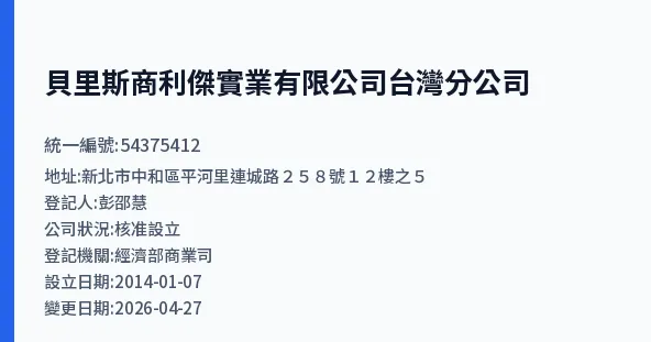 貝里斯商利傑實業有限公司台灣分公司的照片-統編 54375412(新北市) 公司登記資料與營業項目詳細圖表