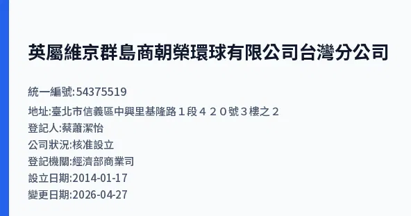 英屬維京群島商朝榮環球有限公司台灣分公司的照片-統編 54375519(臺北市) 公司登記資料與營業項目詳細圖表