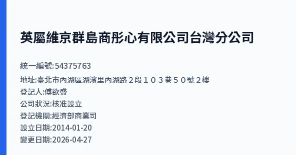 英屬維京群島商彤心有限公司台灣分公司的照片-統編 54375763(臺北市) 公司登記資料與營業項目詳細圖表