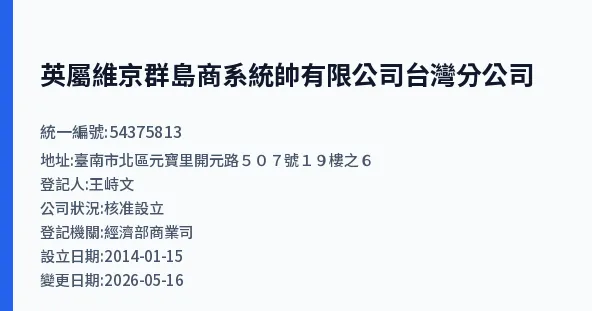 英屬維京群島商系統帥有限公司台灣分公司的照片-統編 54375813(臺南市) 公司登記資料與營業項目詳細圖表