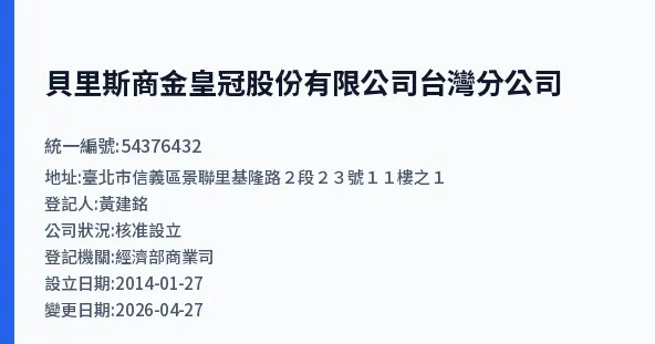 貝里斯商金皇冠股份有限公司台灣分公司的照片-統編 54376432(臺北市) 公司登記資料與營業項目詳細圖表