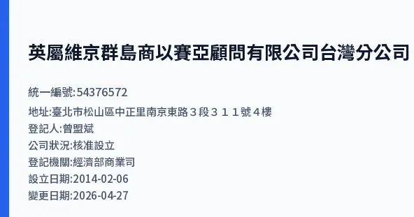 英屬維京群島商以賽亞顧問有限公司台灣分公司的照片-統編 54376572(臺北市) 公司登記資料與營業項目詳細圖表