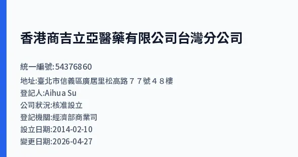 香港商吉立亞醫藥有限公司台灣分公司的照片-統編 54376860(臺北市) 公司登記資料與營業項目詳細圖表