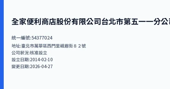 全家便利商店股份有限公司台北市第五一一分公司的照片-統編 54377024(臺北市) 公司登記資料與營業項目詳細圖表