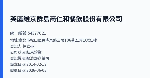 英屬維京群島商仁和餐飲股份有限公司的照片-統編 54377621(臺北市) 公司登記資料與營業項目詳細圖表