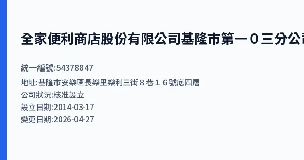 全家便利商店股份有限公司基隆市第一0三分公司的照片-統編 54378847(基隆市) 公司登記資料與營業項目詳細圖表