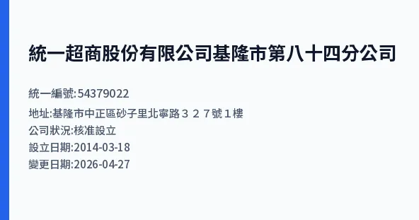 統一超商股份有限公司基隆市第八十四分公司的照片-統編 54379022(基隆市) 公司登記資料與營業項目詳細圖表