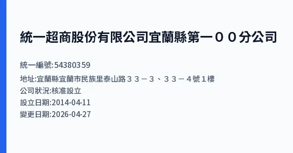 統一超商股份有限公司宜蘭縣第一00分公司的照片-統編 54380359(宜蘭縣) 公司登記資料與營業項目詳細圖表