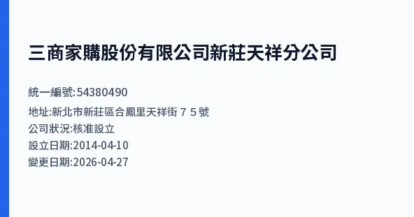 三商家購股份有限公司新莊天祥分公司的照片-統編 54380490(新北市) 公司登記資料與營業項目詳細圖表