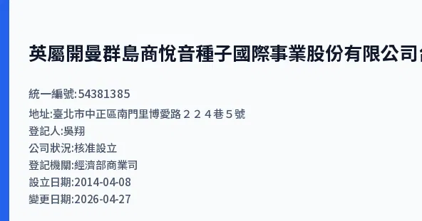英屬開曼群島商悅音種子國際事業股份有限公司台灣分公司的照片-統編 54381385(臺北市) 公司登記資料與營業項目詳細圖表