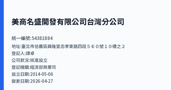 美商名盛開發有限公司台灣分公司的照片-統編 54381884(臺北市) 公司登記資料與營業項目詳細圖表