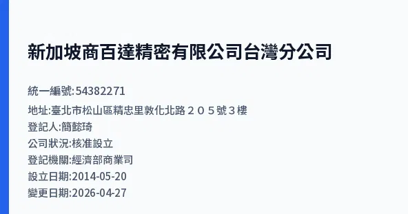 新加坡商百達精密有限公司台灣分公司的照片-統編 54382271(臺北市) 公司登記資料與營業項目詳細圖表