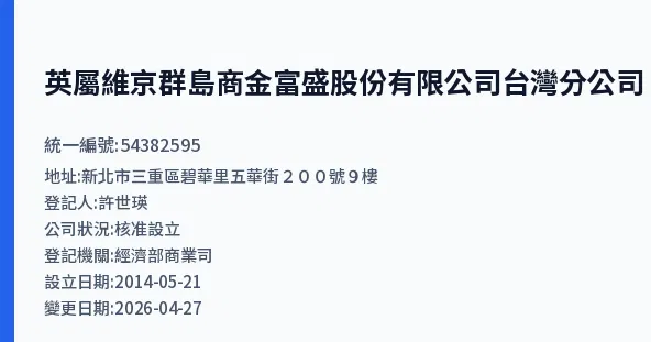 英屬維京群島商金富盛股份有限公司台灣分公司的照片-統編 54382595(新北市) 公司登記資料與營業項目詳細圖表