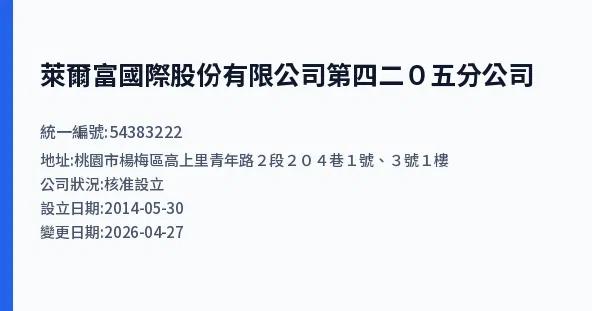 萊爾富國際股份有限公司第四二0五分公司的照片-統編 54383222(桃園市) 公司登記資料與營業項目詳細圖表