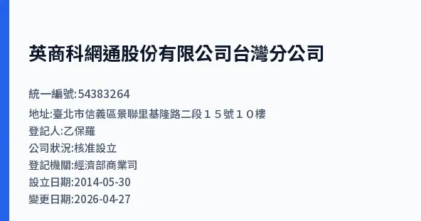 英商科網通股份有限公司台灣分公司的照片-統編 54383264(臺北市) 公司登記資料與營業項目詳細圖表