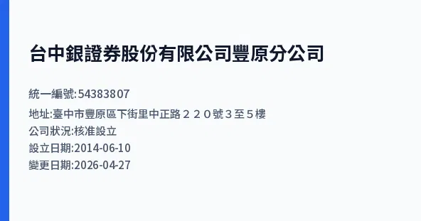 台中銀證券股份有限公司豐原分公司的照片-統編 54383807(臺中市) 公司登記資料與營業項目詳細圖表