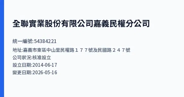 全聯實業股份有限公司嘉義民權分公司的照片-統編 54384221(嘉義市) 公司登記資料與營業項目詳細圖表