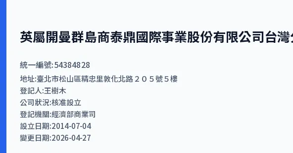 英屬開曼群島商泰鼎國際事業股份有限公司台灣分公司的照片-統編 54384828(臺北市) 公司登記資料與營業項目詳細圖表