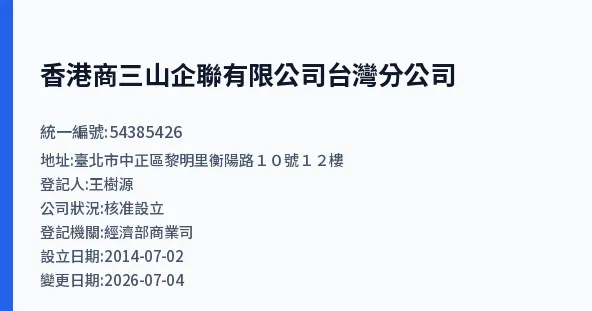 香港商三山企聯有限公司台灣分公司的照片-統編 54385426(臺北市) 公司登記資料與營業項目詳細圖表
