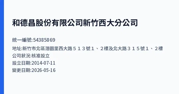 和德昌股份有限公司新竹西大分公司的照片-統編 54385869(新竹市) 公司登記資料與營業項目詳細圖表