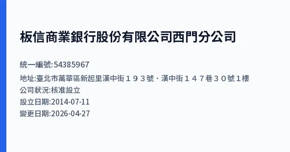 板信商業銀行股份有限公司西門分公司的照片-統編 54385967(臺北市) 公司登記資料與營業項目詳細圖表