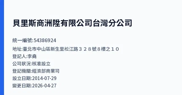 貝里斯商洲陞有限公司台灣分公司的照片-統編 54386924(臺北市) 公司登記資料與營業項目詳細圖表