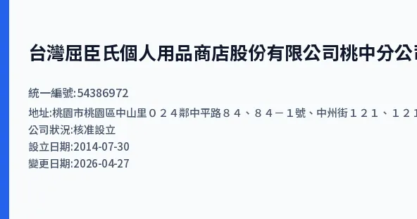台灣屈臣氏個人用品商店股份有限公司桃中分公司的照片-統編 54386972(桃園市) 公司登記資料與營業項目詳細圖表