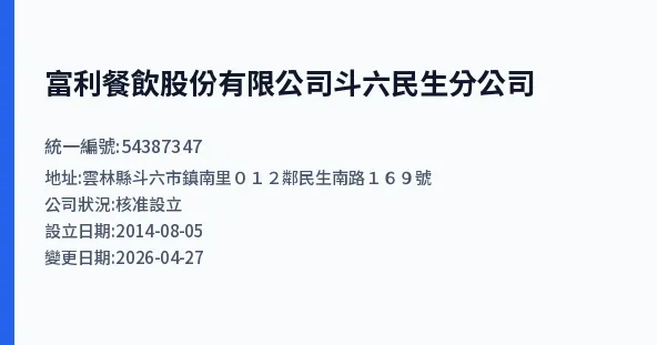 富利餐飲股份有限公司斗六民生分公司的照片-統編 54387347(雲林縣) 公司登記資料與營業項目詳細圖表