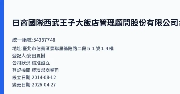 日商國際西武王子大飯店管理顧問股份有限公司台北分公司的照片-統編 54387748(臺北市) 公司登記資料與營業項目詳細圖表