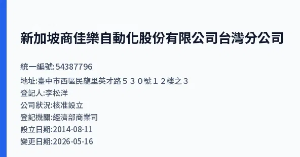 新加坡商佳樂自動化股份有限公司台灣分公司的照片-統編 54387796(臺中市) 公司登記資料與營業項目詳細圖表