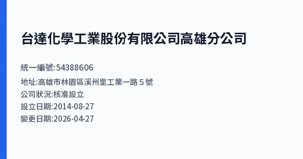 台達化學工業股份有限公司高雄分公司的照片-統編 54388606(高雄市) 公司登記資料與營業項目詳細圖表