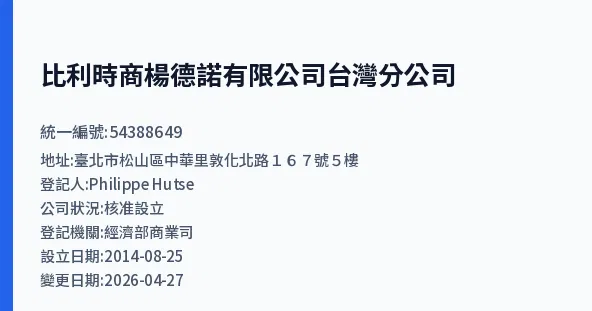 比利時商楊德諾有限公司台灣分公司的照片-統編 54388649(臺北市) 公司登記資料與營業項目詳細圖表