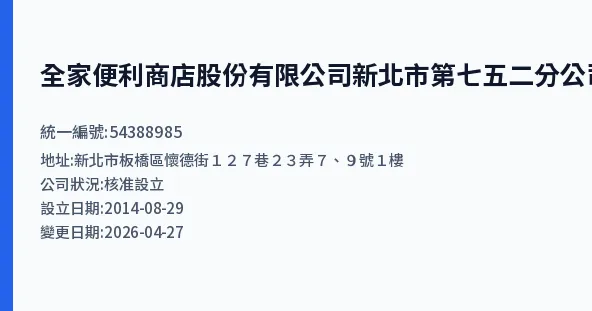 全家便利商店股份有限公司新北市第七五二分公司的照片-統編 54388985(新北市) 公司登記資料與營業項目詳細圖表