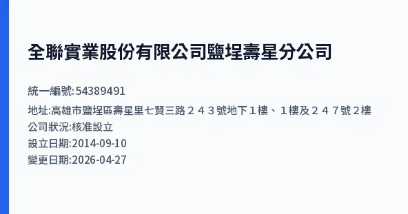 全聯實業股份有限公司鹽埕壽星分公司的照片-統編 54389491(高雄市) 公司登記資料與營業項目詳細圖表
