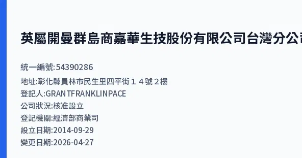 英屬開曼群島商嘉華生技股份有限公司台灣分公司的照片-統編 54390286(彰化縣) 公司登記資料與營業項目詳細圖表