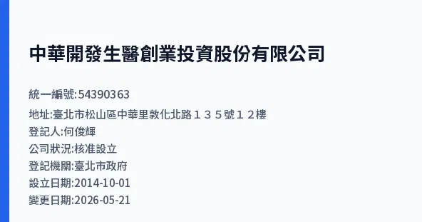 中華開發生醫創業投資股份有限公司的照片-統編 54390363(臺北市) 公司登記資料與營業項目詳細圖表